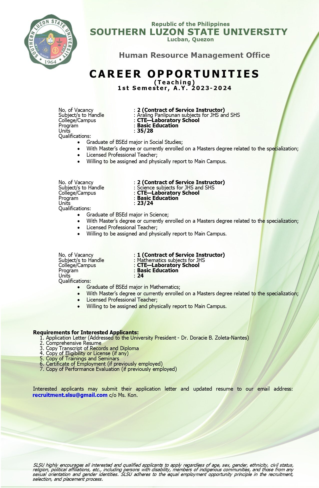 Career Opportunities | Southern Luzon State University Southern Luzon ...