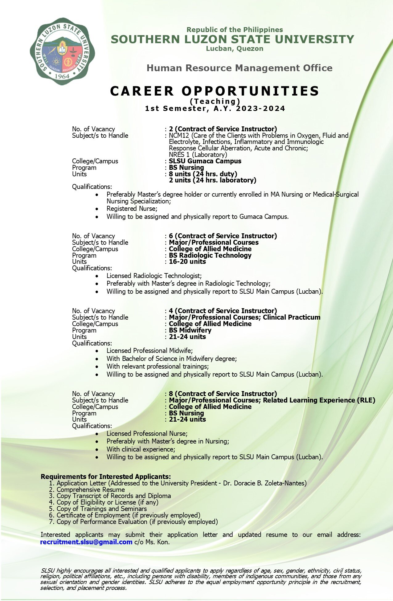 Career Opportunities | Southern Luzon State University Southern Luzon ...