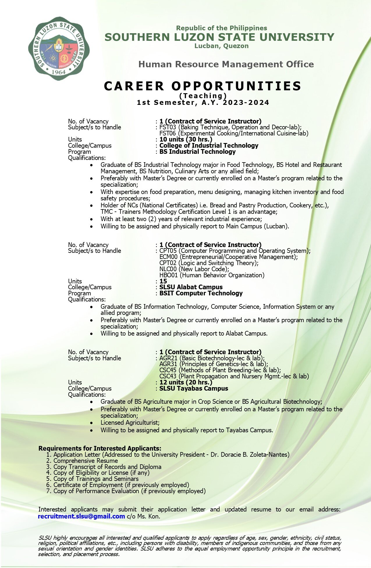 Career Opportunities | Southern Luzon State University Southern Luzon ...