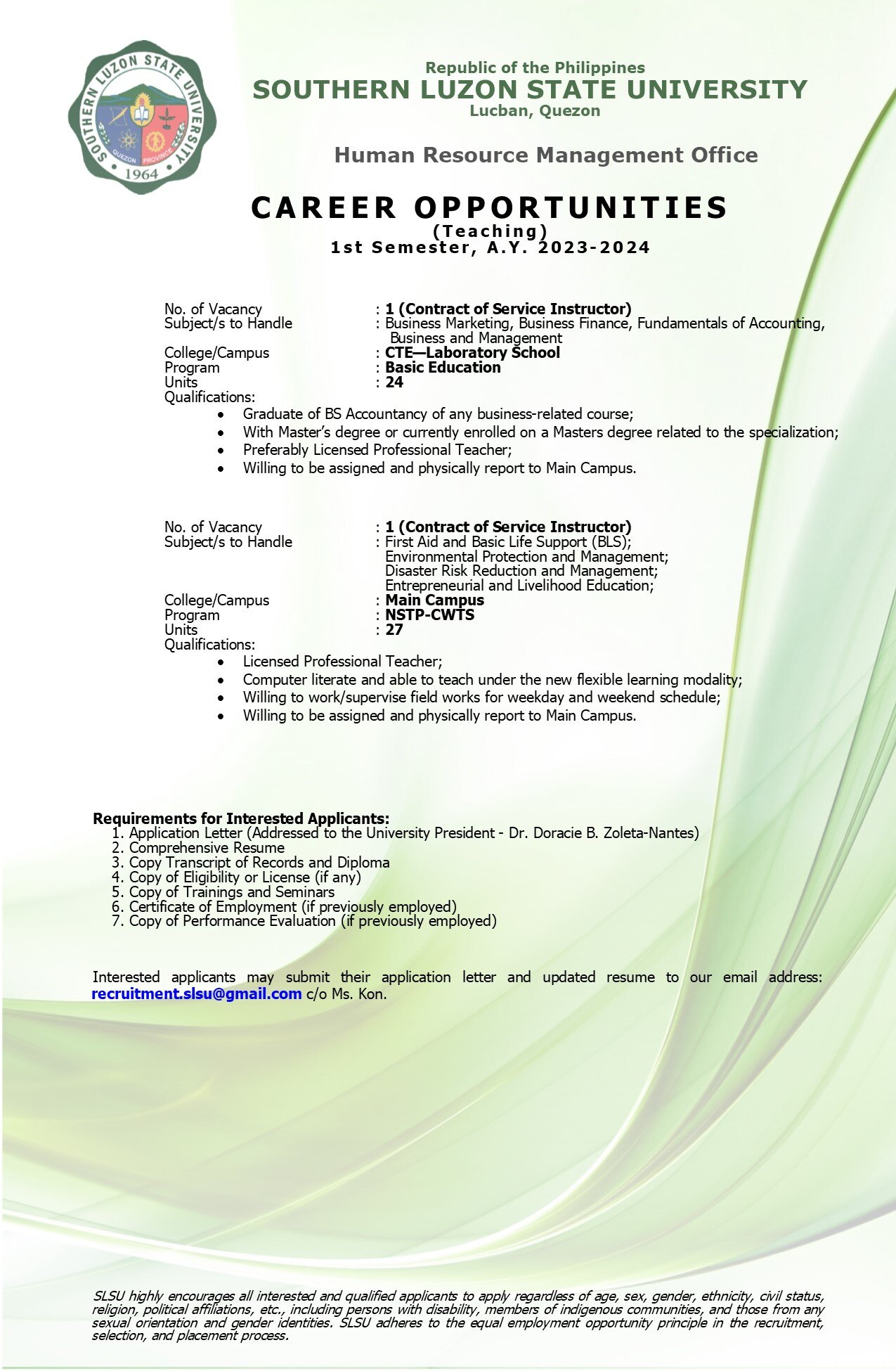 Career Opportunities | Southern Luzon State University Southern Luzon ...