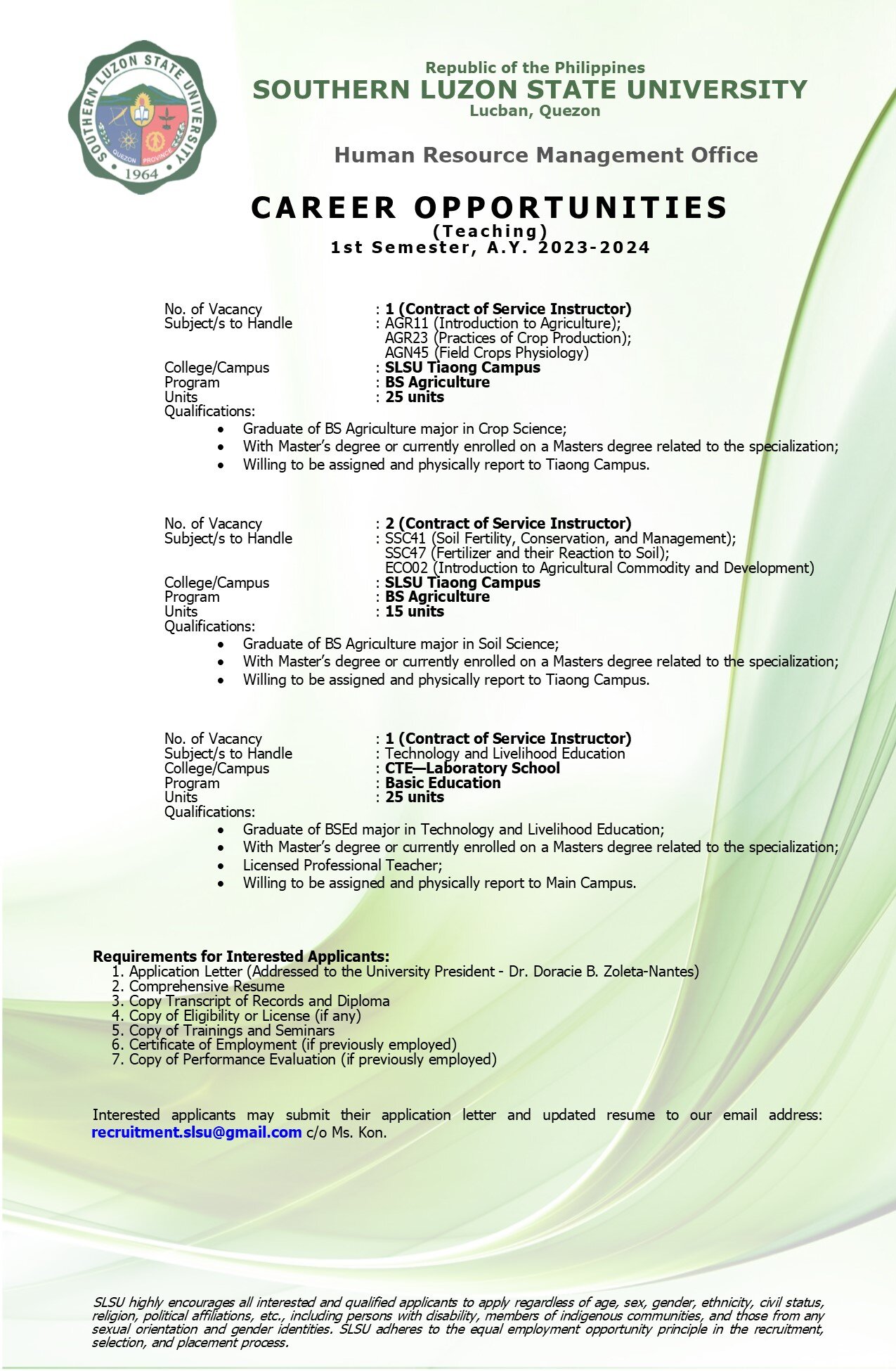 Career Opportunities | Southern Luzon State University Southern Luzon ...