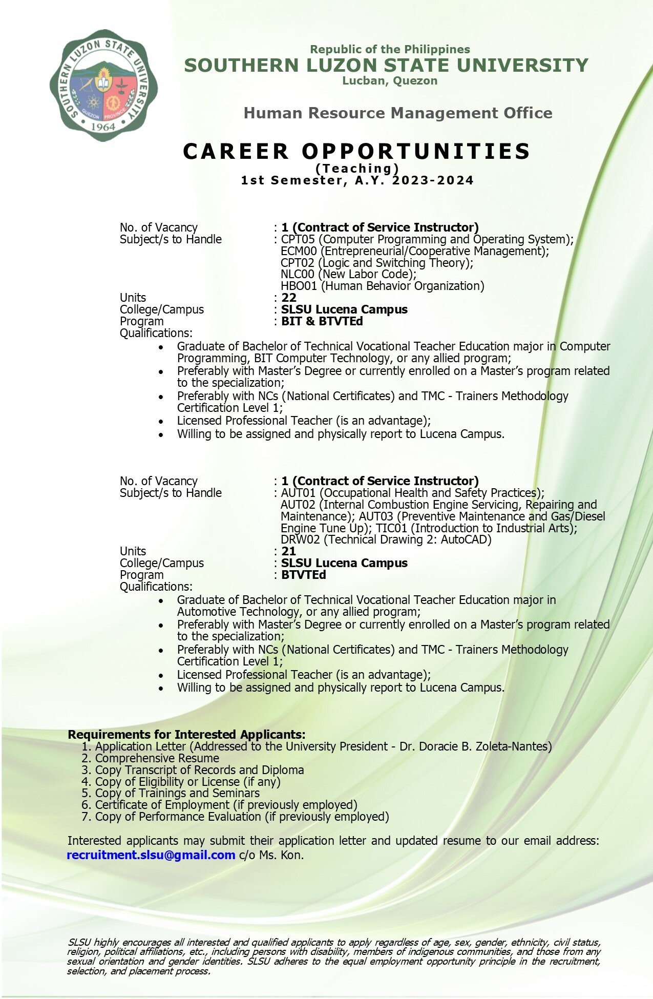 Career Opportunities | Southern Luzon State University