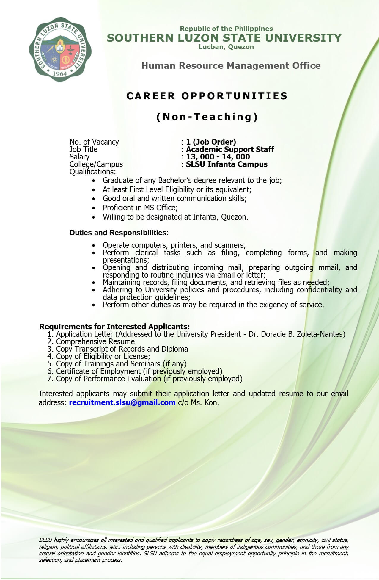 Career Opportunities | Southern Luzon State University Southern Luzon ...