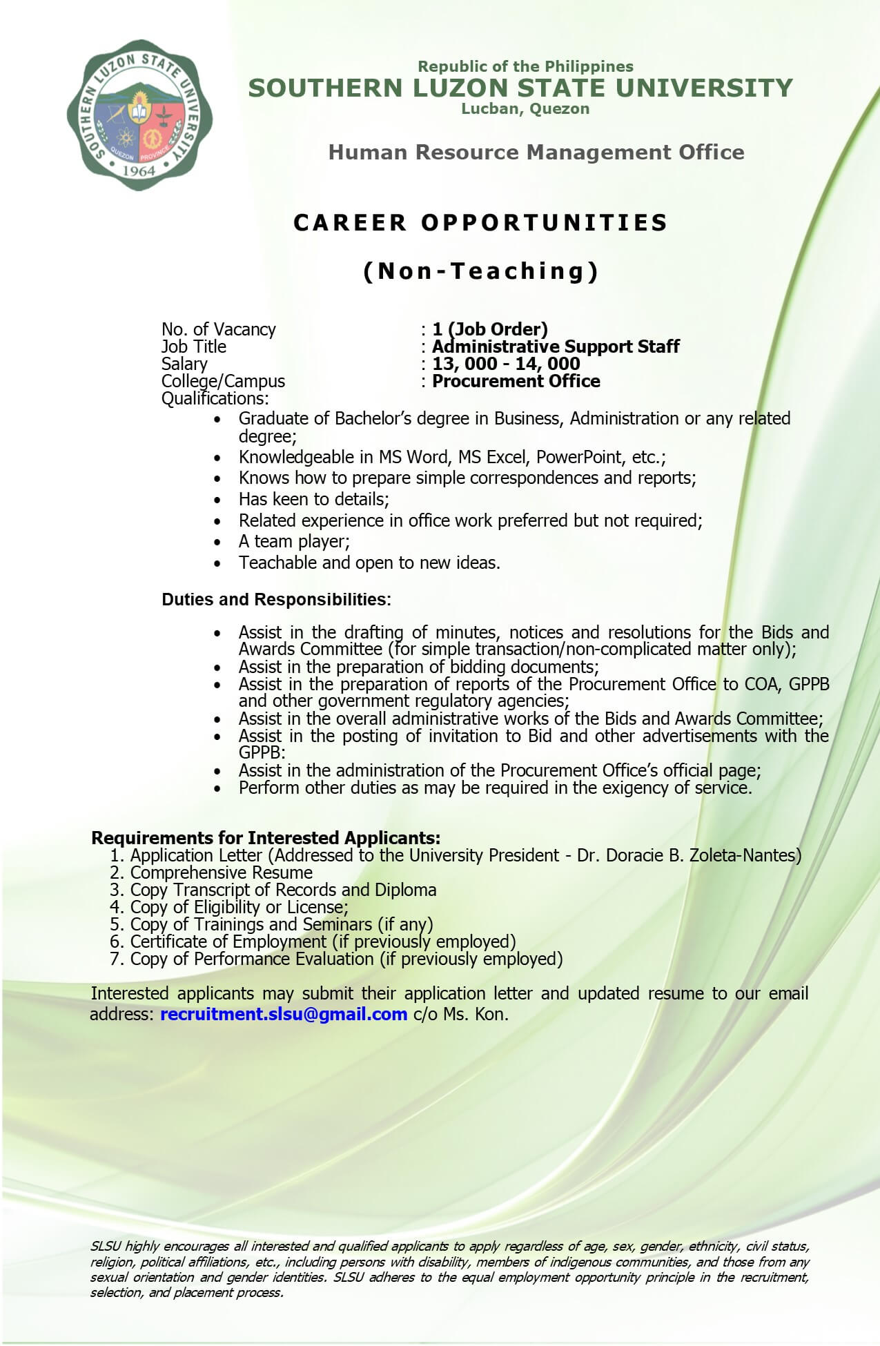 Career Opportunities | Southern Luzon State University Southern Luzon ...