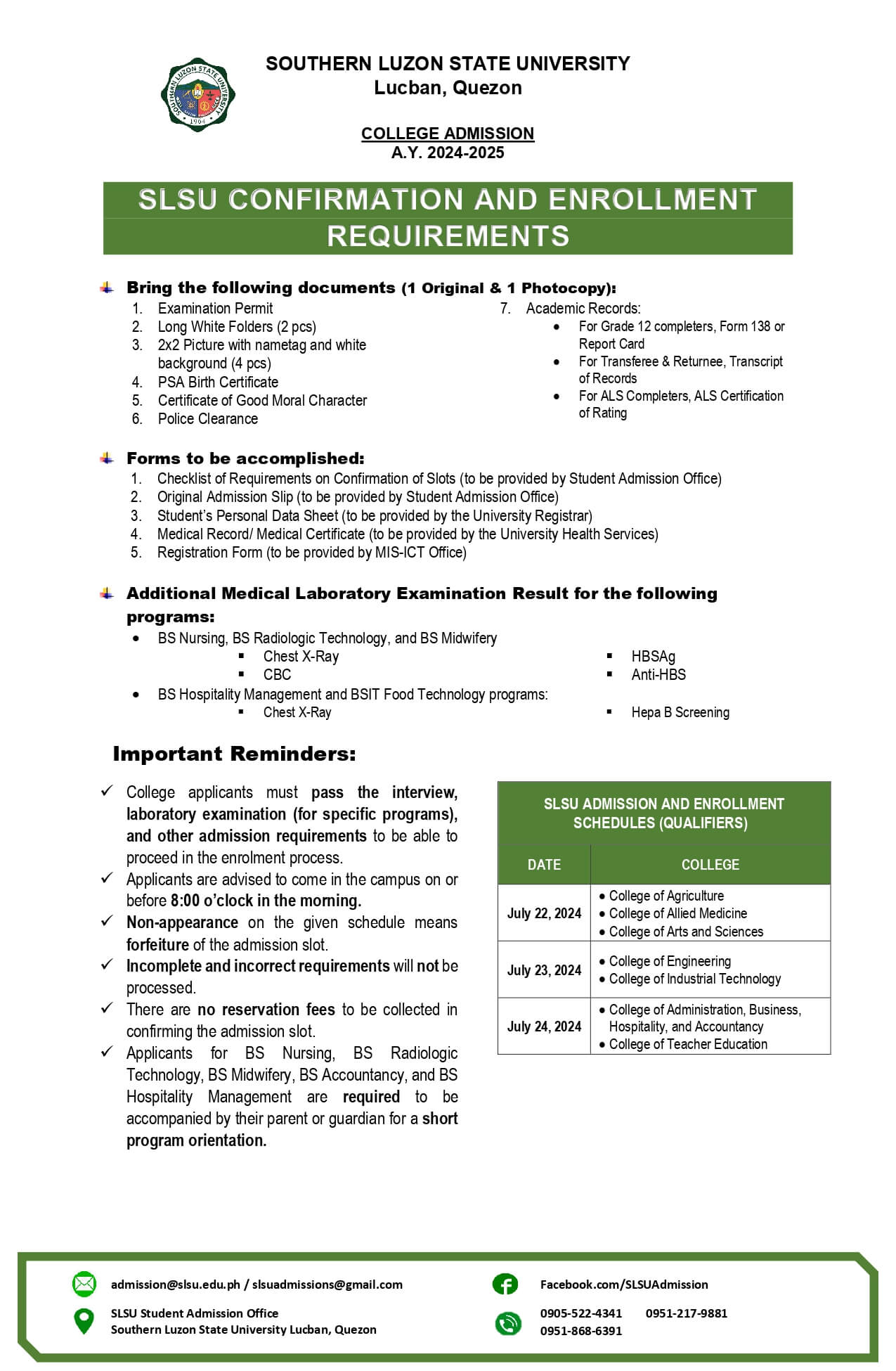 COLLEGE ADMISSION RESULT AY 2024-2025 SLSU MAIN Campus (Lucban, Quezon ...