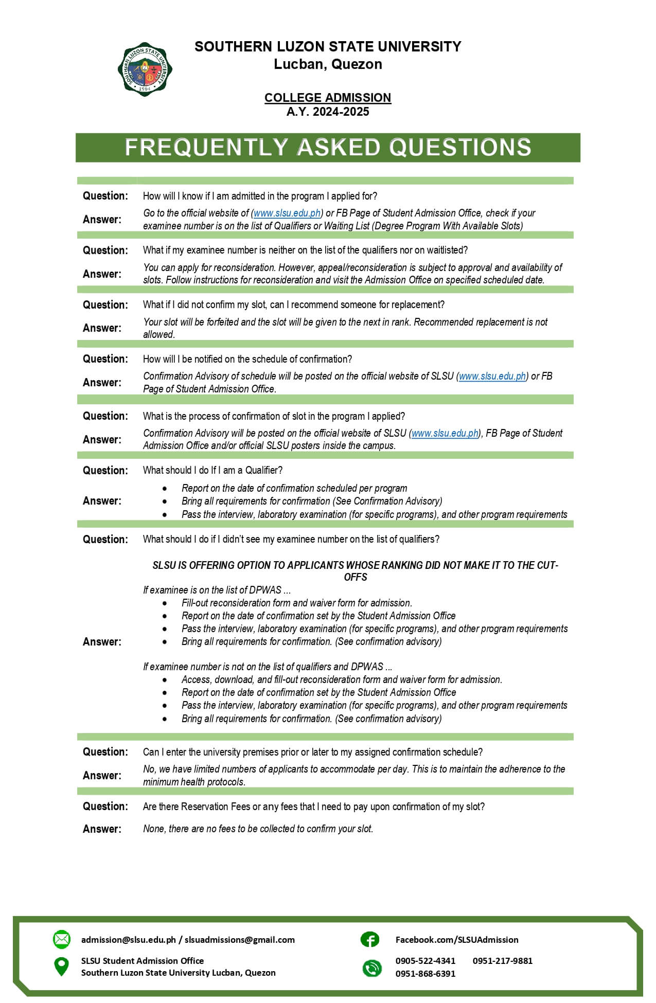 COLLEGE ADMISSION RESULT AY 2024-2025 SLSU MAIN Campus (Lucban, Quezon ...
