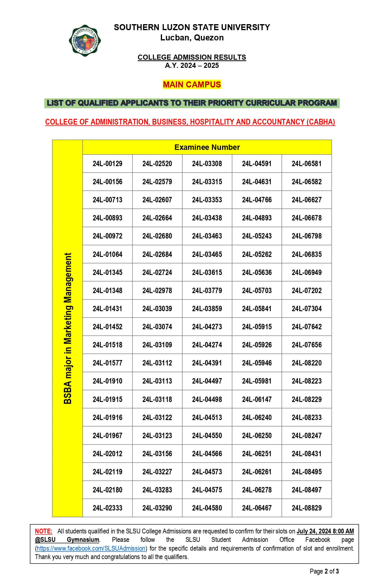 COLLEGE ADMISSION RESULT AY 2024-2025 SLSU MAIN Campus (Lucban, Quezon ...
