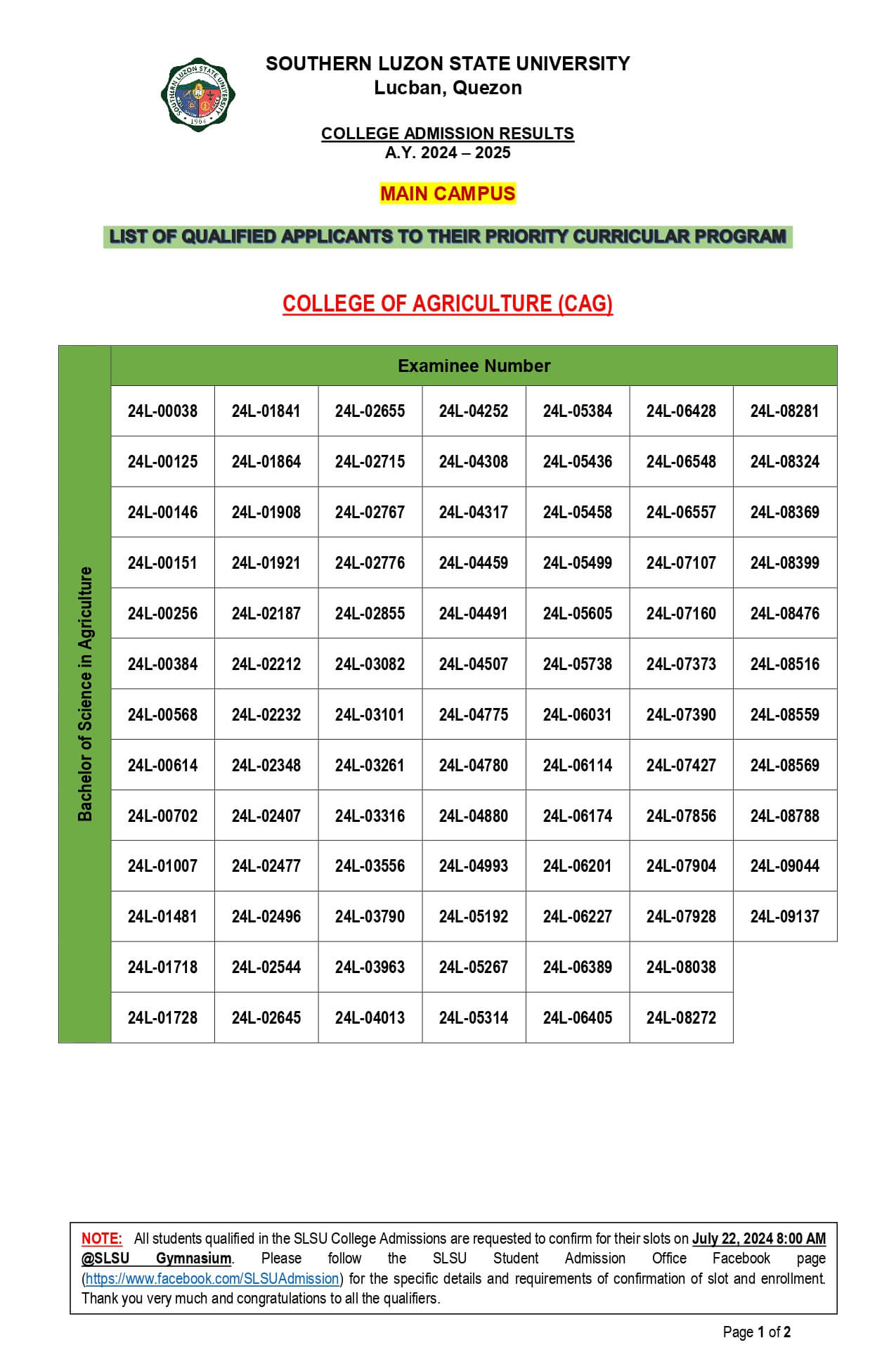 COLLEGE ADMISSION RESULT AY 2024-2025 SLSU MAIN Campus (Lucban, Quezon ...