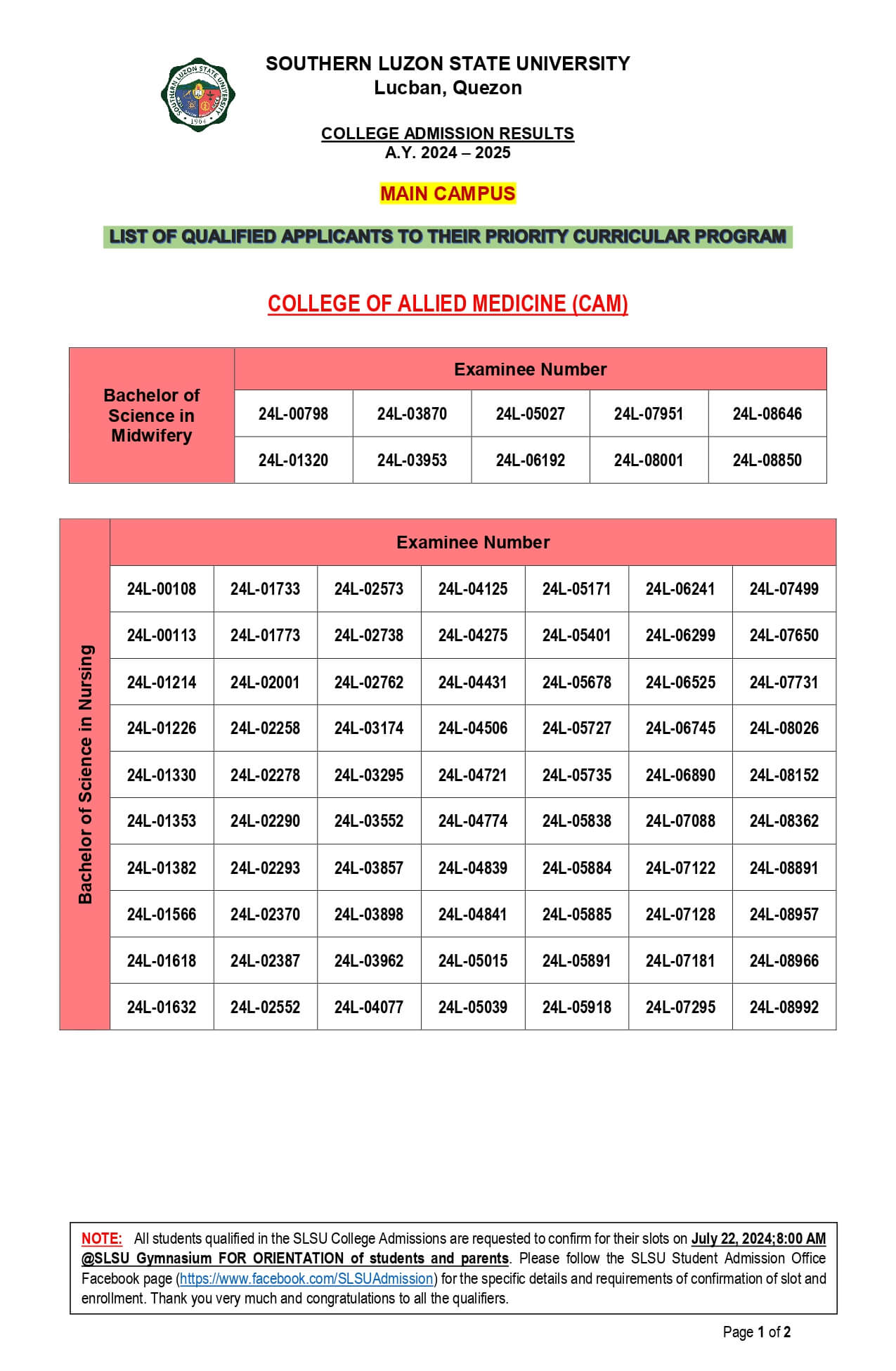 COLLEGE ADMISSION RESULT AY 2024-2025 SLSU MAIN Campus (Lucban, Quezon ...