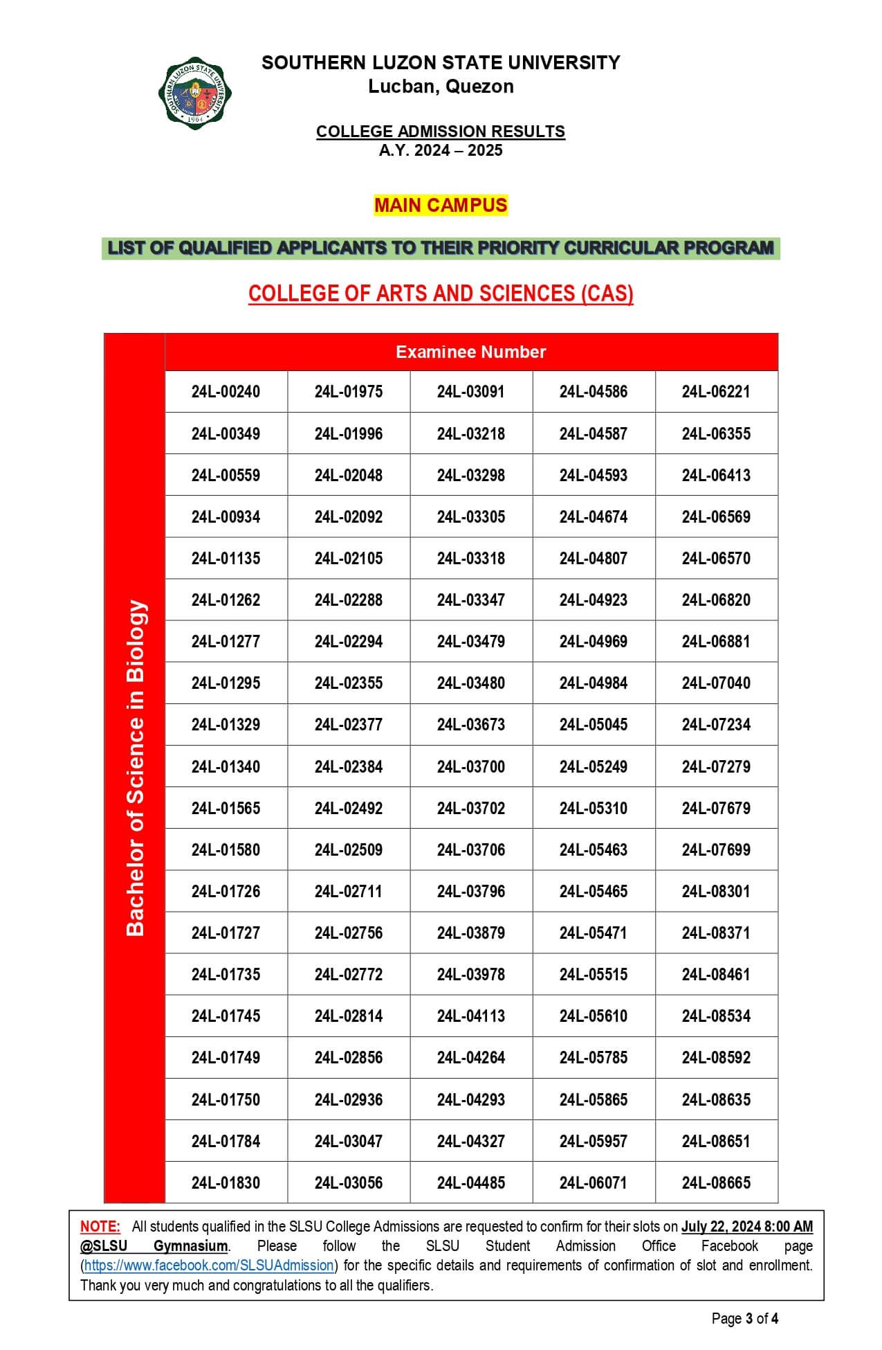 COLLEGE ADMISSION RESULT AY 2024-2025 SLSU MAIN Campus (Lucban, Quezon ...