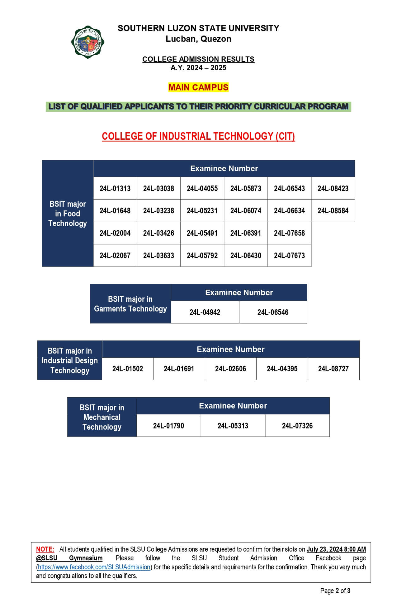 COLLEGE ADMISSION RESULT AY 2024-2025 SLSU MAIN Campus (Lucban, Quezon ...