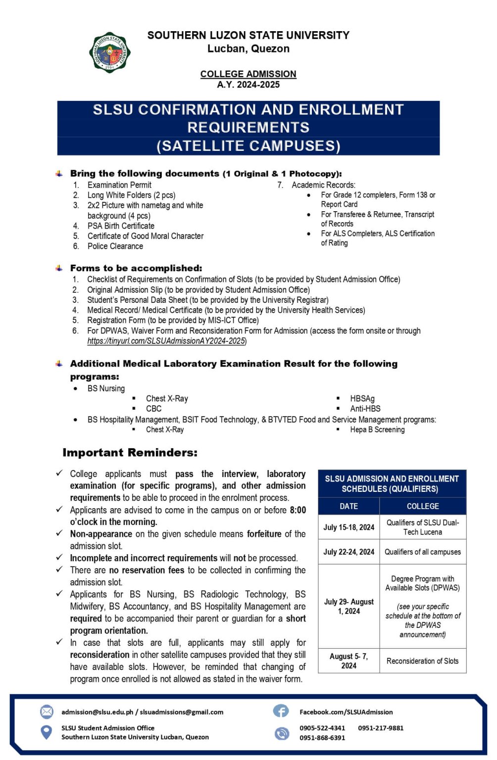 COLLEGE ADMISSION RESULT AY 2024-2025 SLSU Satellite Campuses ...