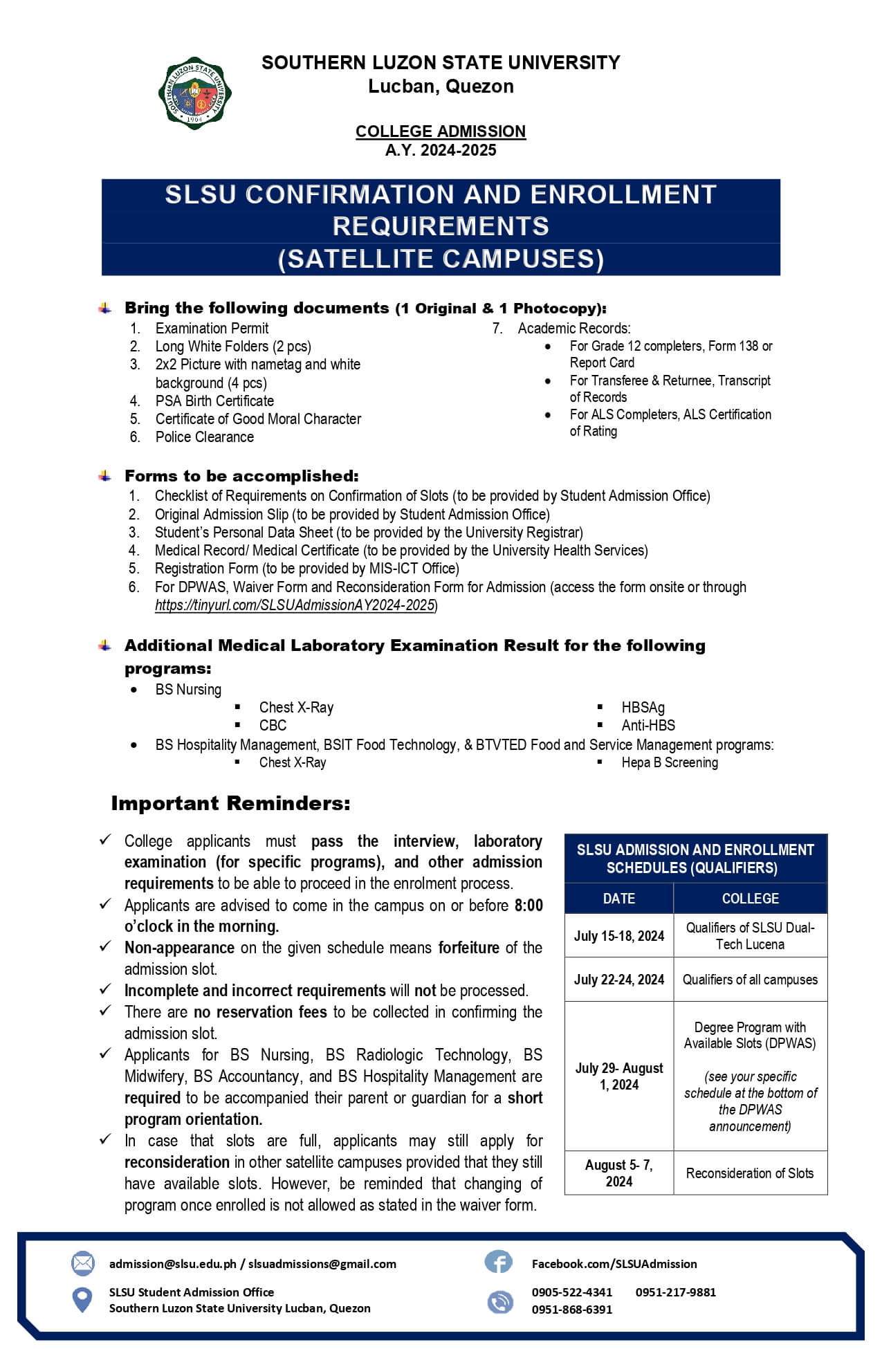 COLLEGE ADMISSION RESULT AY 2024-2025 SLSU Satellite Campuses ...