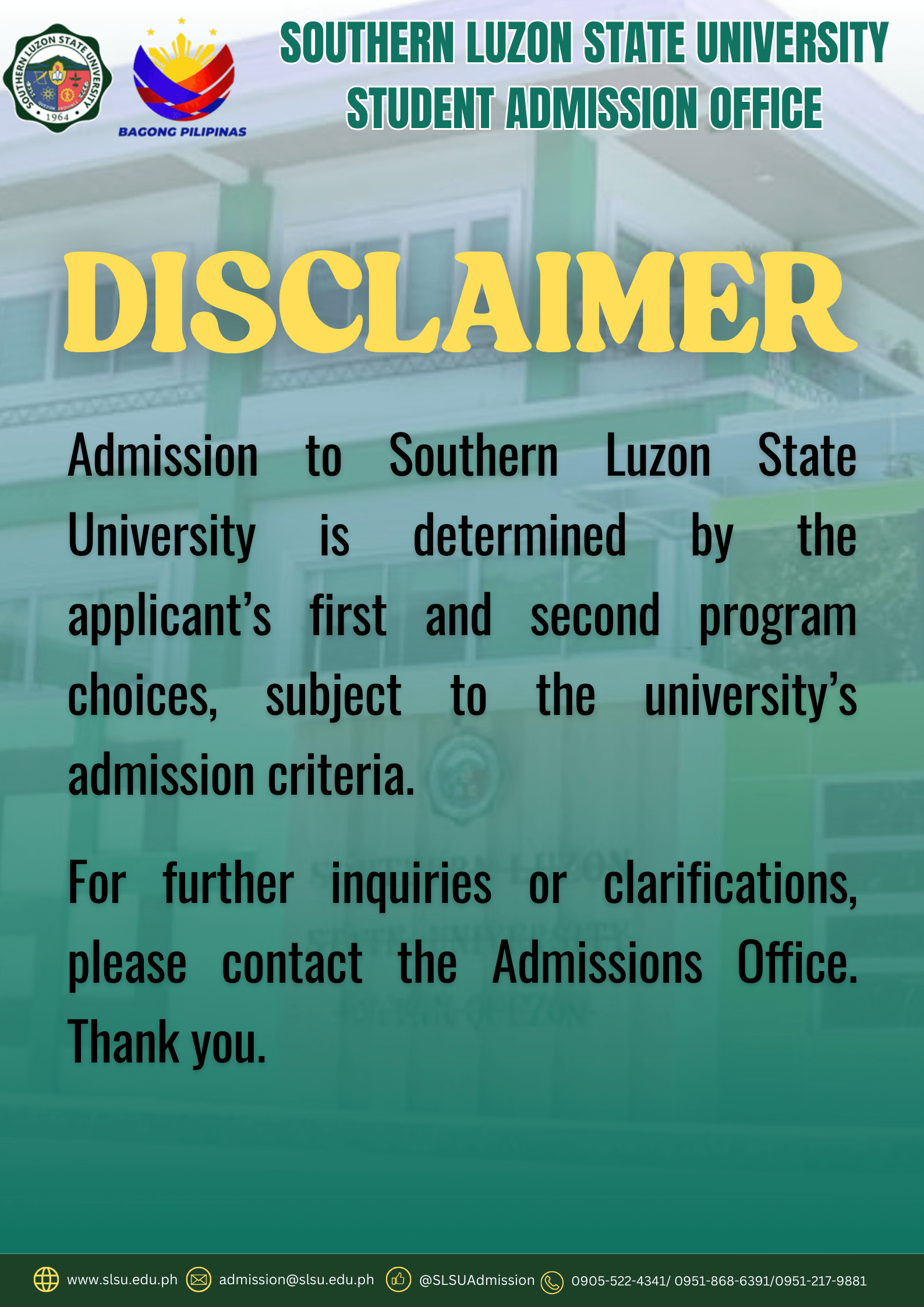 COLLEGE ADMISSION RESULT AY 2025-2026 SLSU MAIN Campus (Lucban, Quezon ...