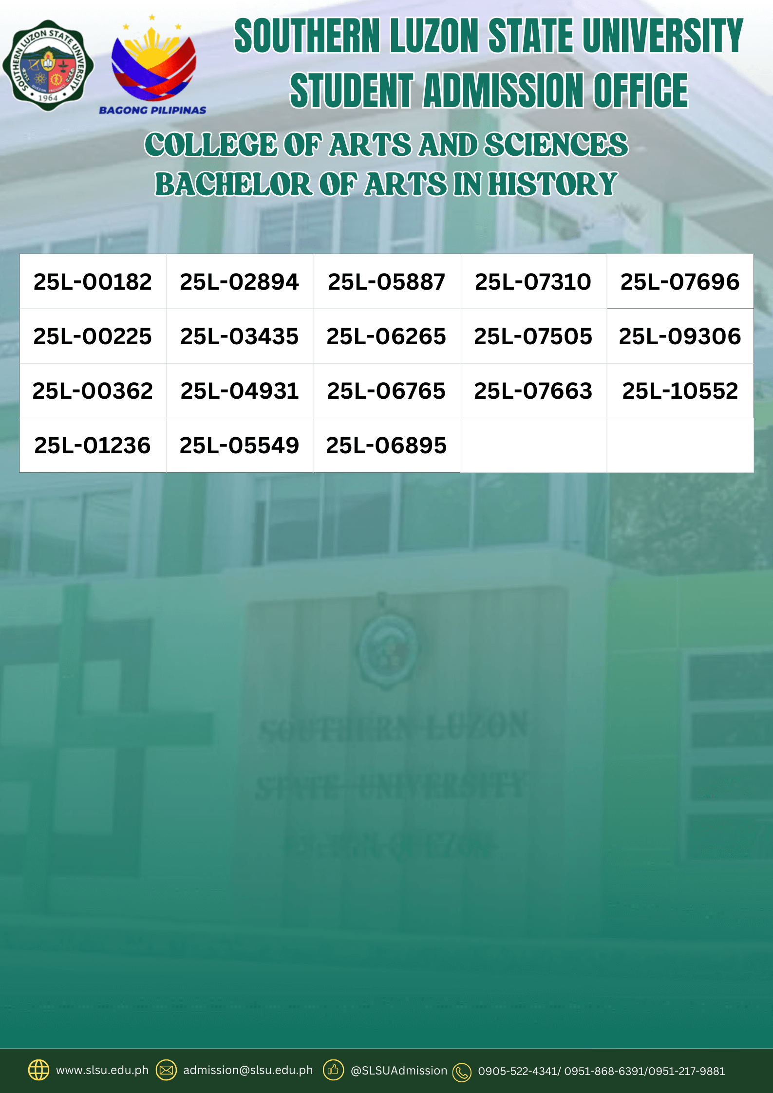 COLLEGE ADMISSION RESULT AY 2025-2026 SLSU MAIN Campus (Lucban, Quezon ...