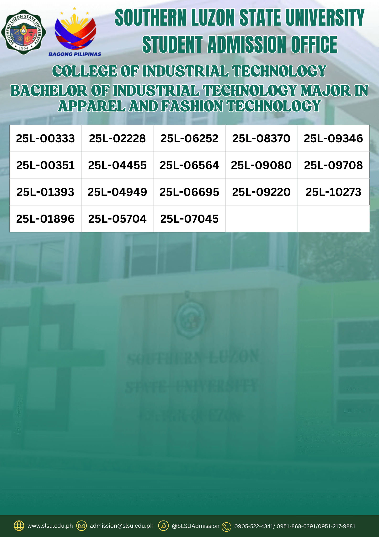 COLLEGE ADMISSION RESULT AY 2025-2026 SLSU MAIN Campus (Lucban, Quezon ...