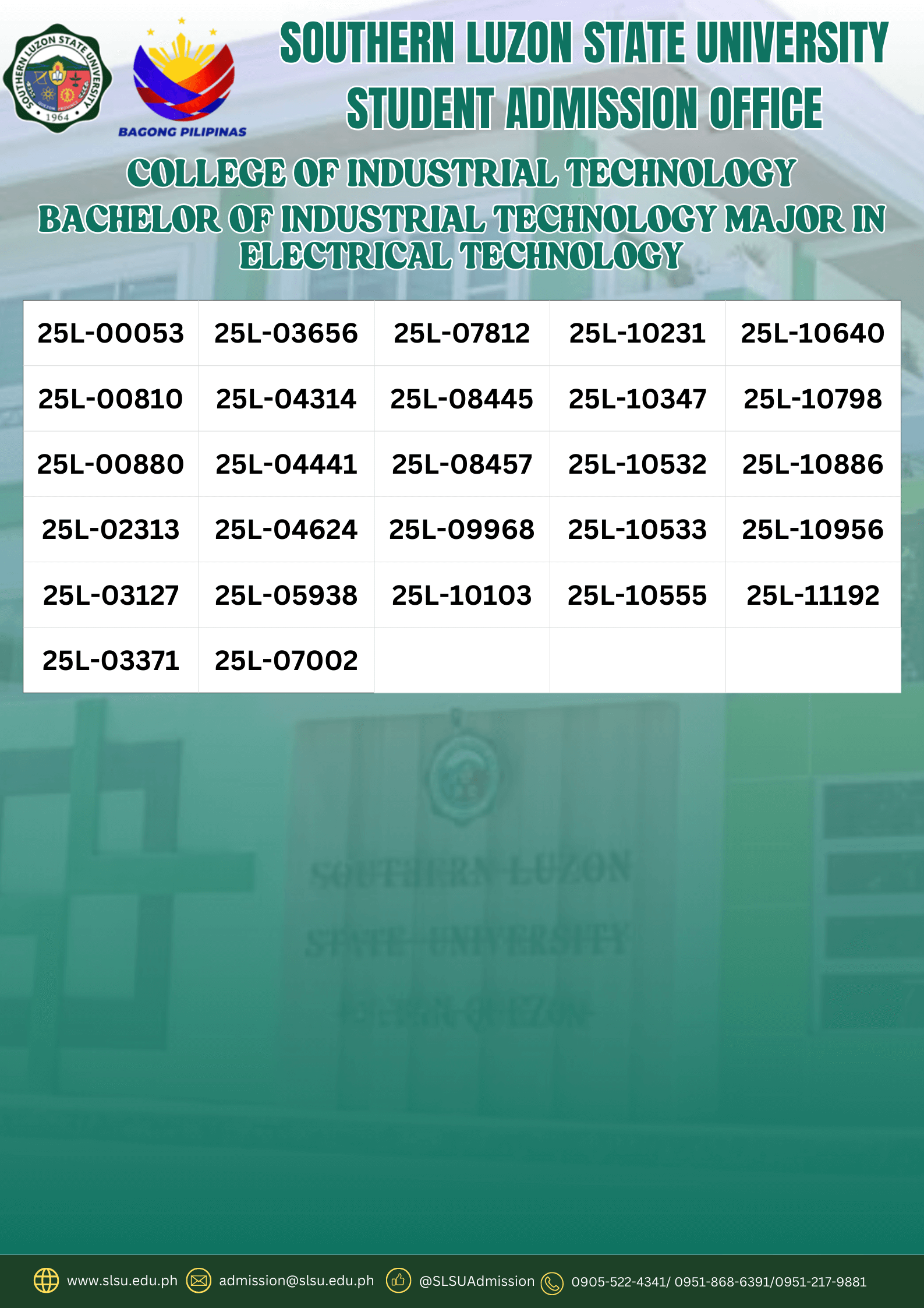 COLLEGE ADMISSION RESULT AY 2025-2026 SLSU MAIN Campus (Lucban, Quezon ...