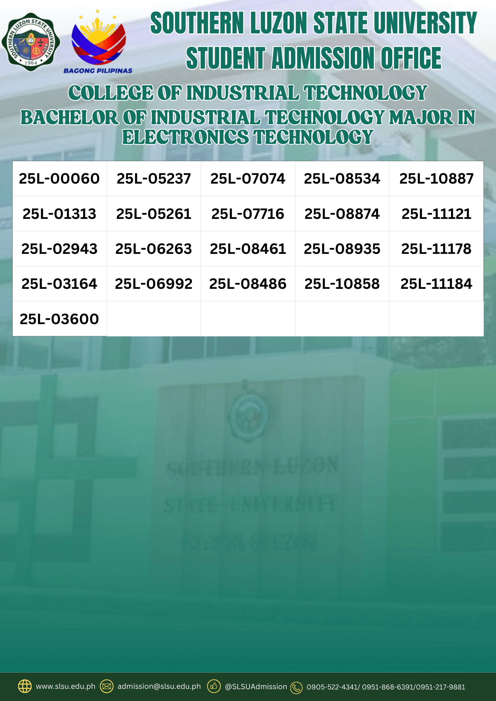 COLLEGE ADMISSION RESULT AY 2025-2026 SLSU MAIN Campus (Lucban, Quezon ...