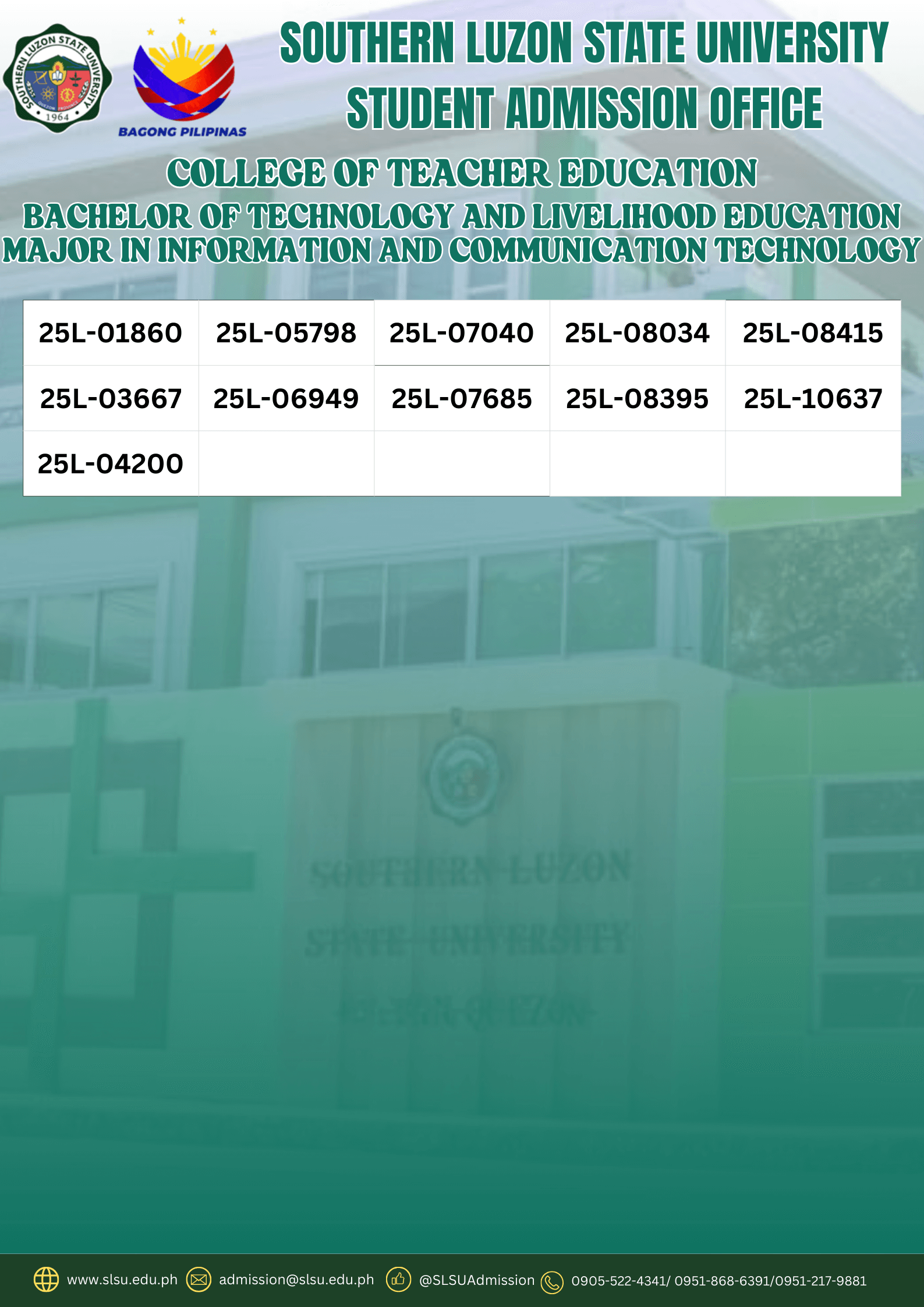 COLLEGE ADMISSION RESULT AY 2025-2026 SLSU MAIN Campus (Lucban, Quezon ...