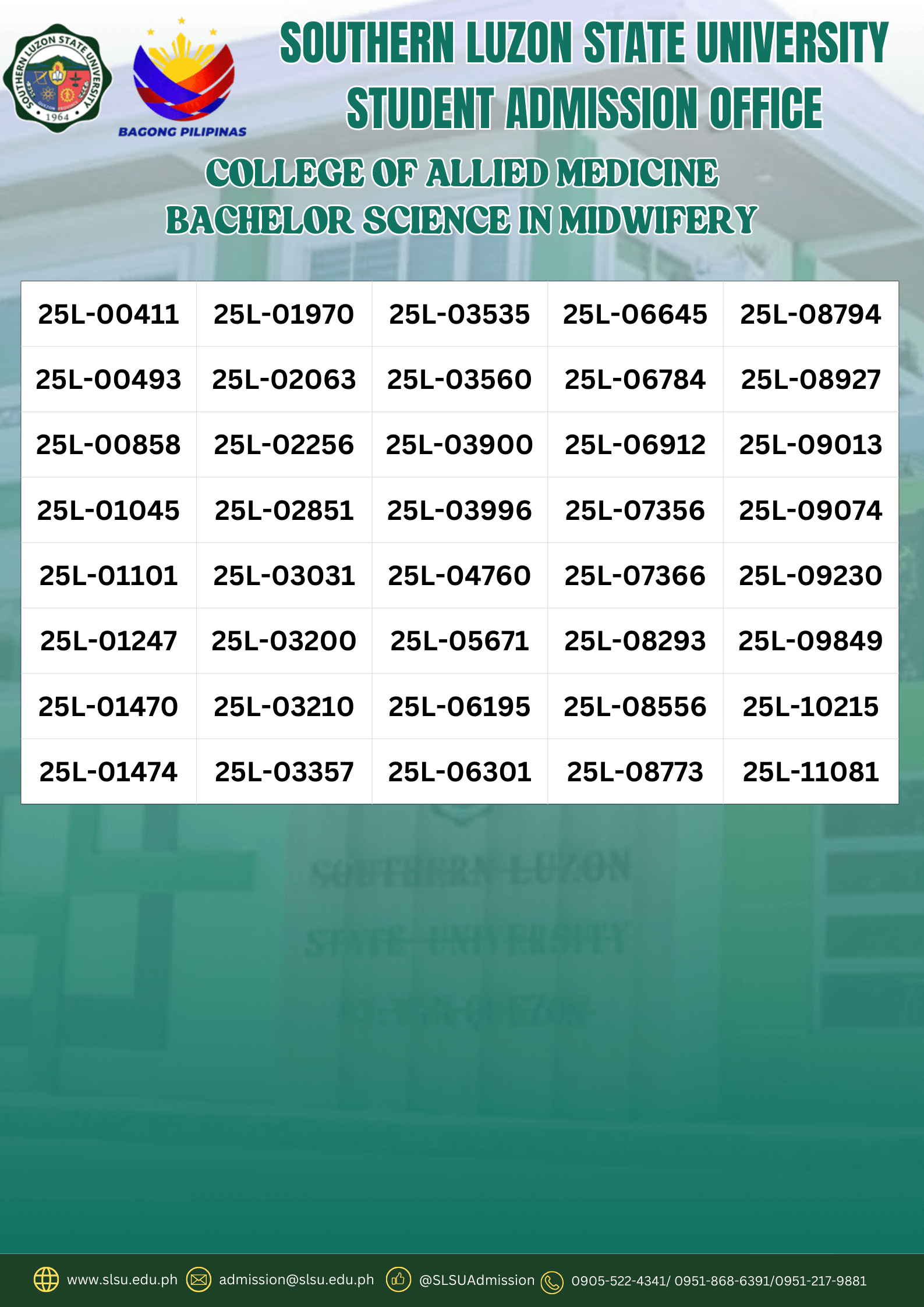 COLLEGE ADMISSION RESULT AY 2025-2026 SLSU MAIN Campus (Lucban, Quezon ...